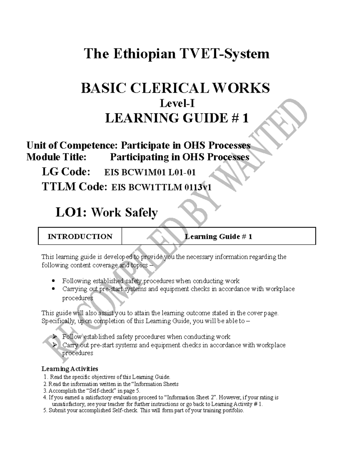 LG on Participate on OHS - The Ethiopian TVET-System BASIC CLERICAL ...