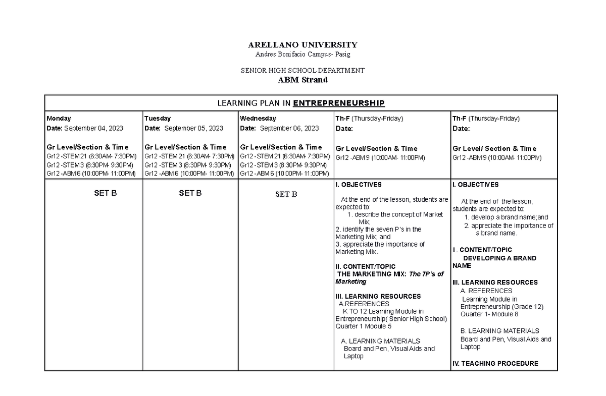 3rd LP - Copy - LESSON PLAN FOR ENTREPRENEURSHIP - ARELLANO UNIVERSITY ...