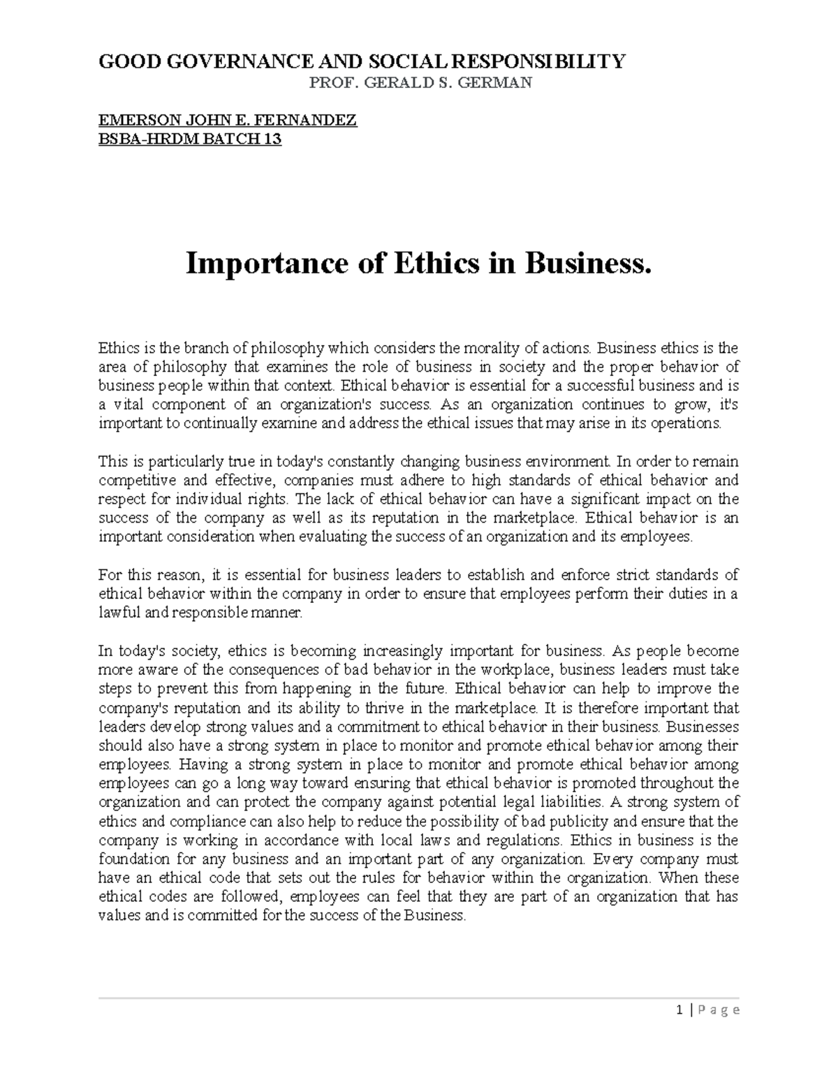 Activity No. 1 Importance of Ethics in Business - GOOD GOVERNANCE AND ...