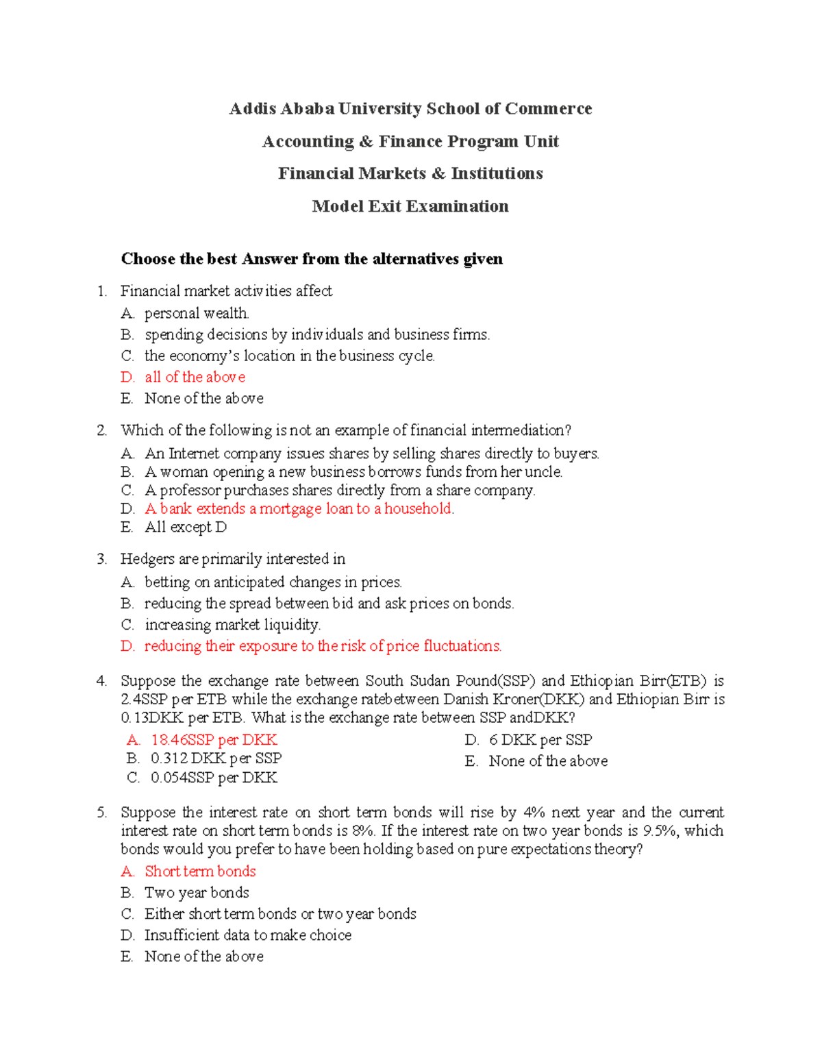 736528648 Model exit exam Financial Markets Institutions - Addis Ababa ...