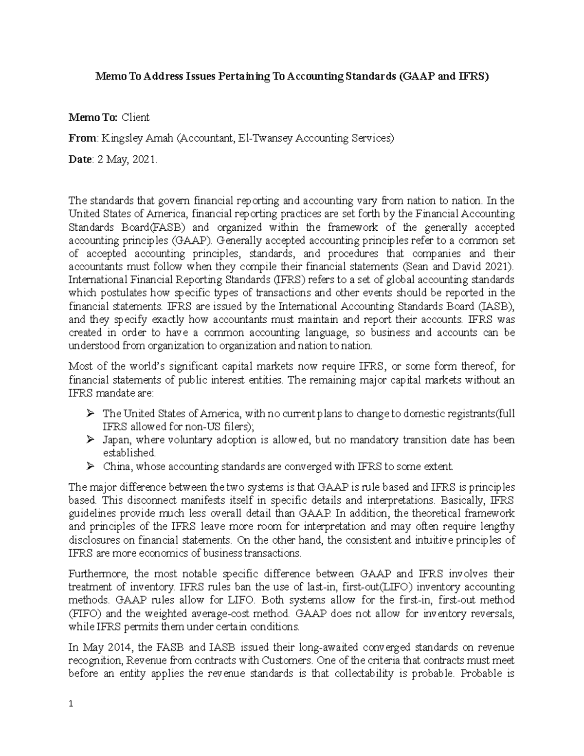 Writing Memo (GAAP Vs IFRS) - Memo To Address Issues Pertaining To ...