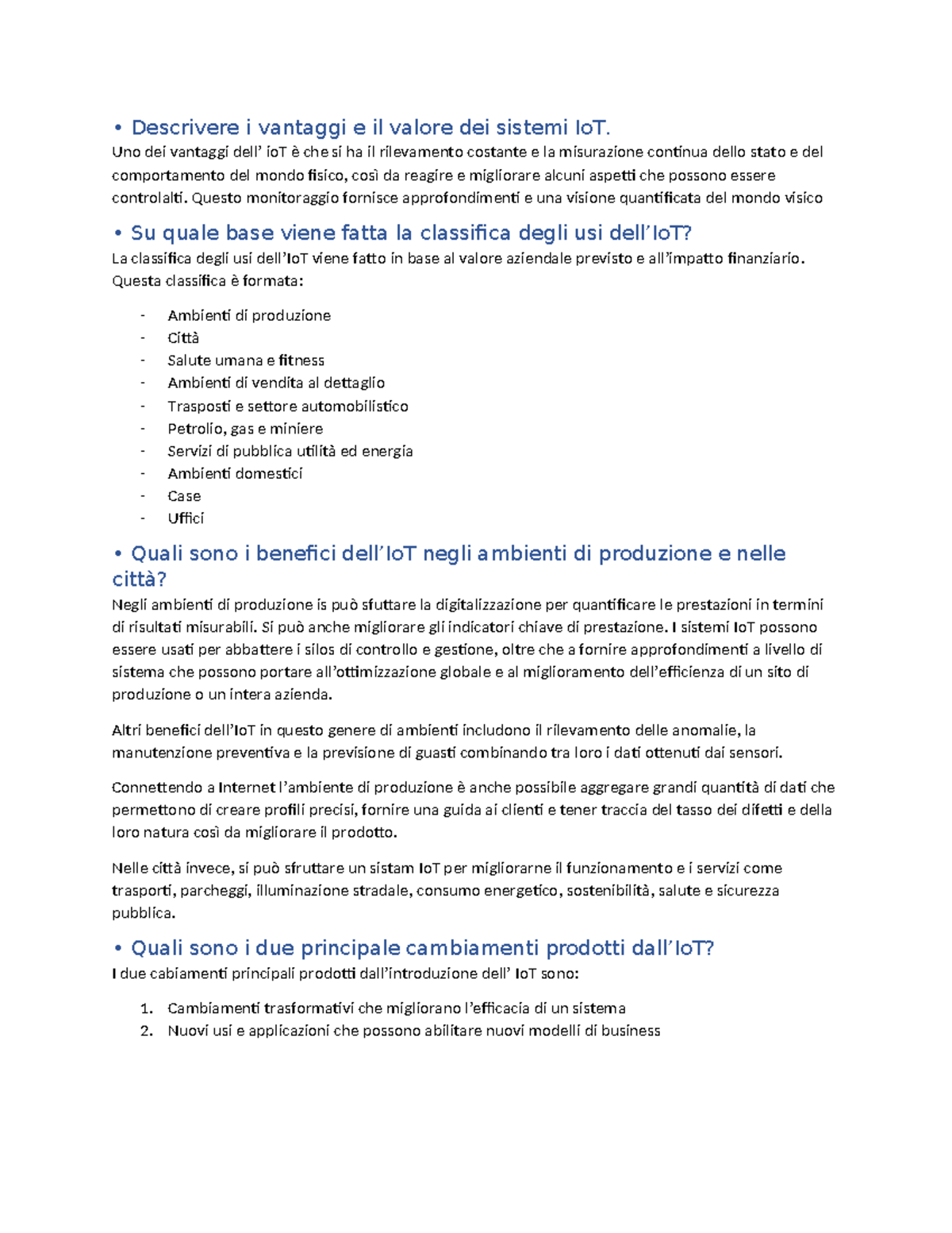 Domande aperte L3 - IoT - • Descrivere i vantaggi e il valore dei ...