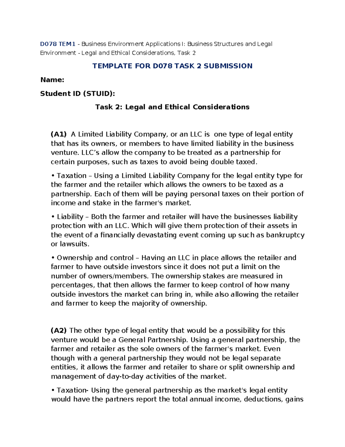 D078 Task 2 - Task two- Passed - D078 TEM1 - Business Environment ...