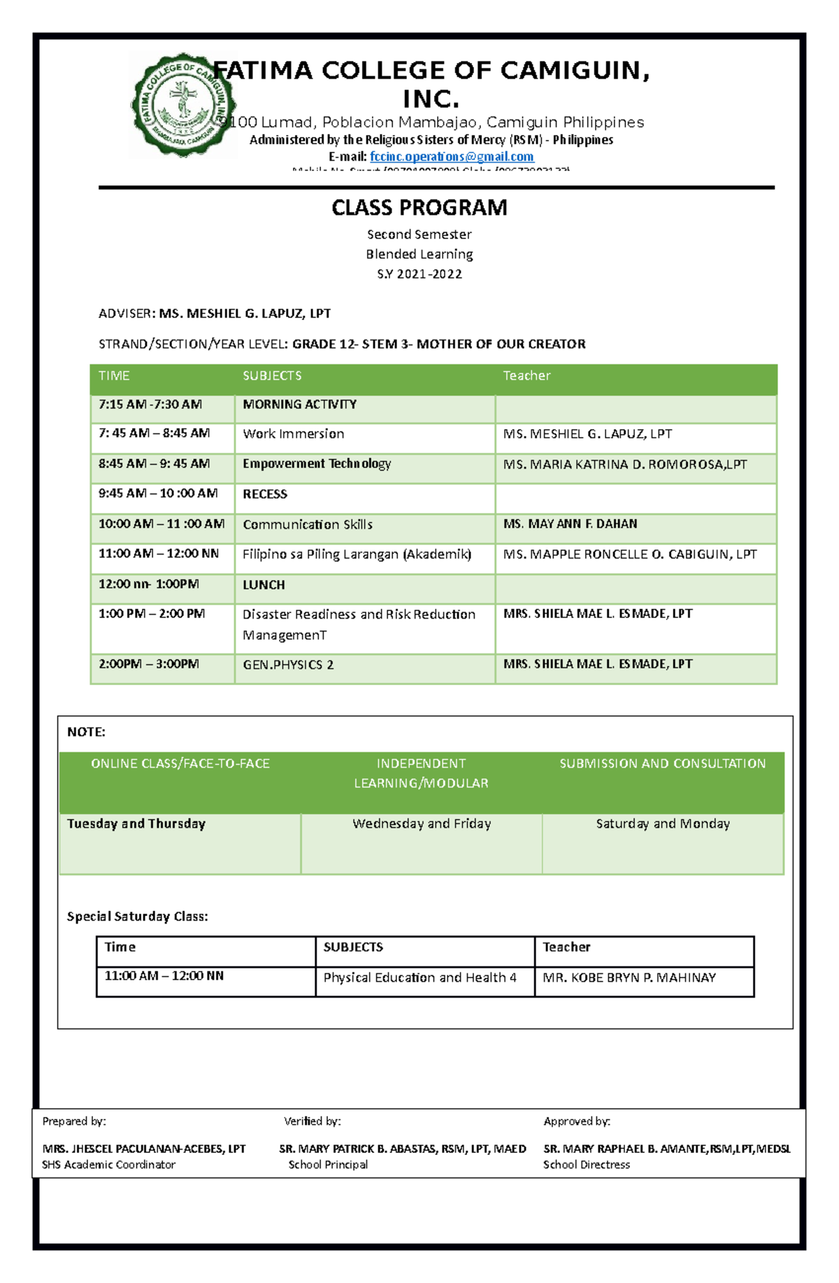 Class- Program 2ND-SEM - CLASS PROGRAM Second Semester Blended Learning ...