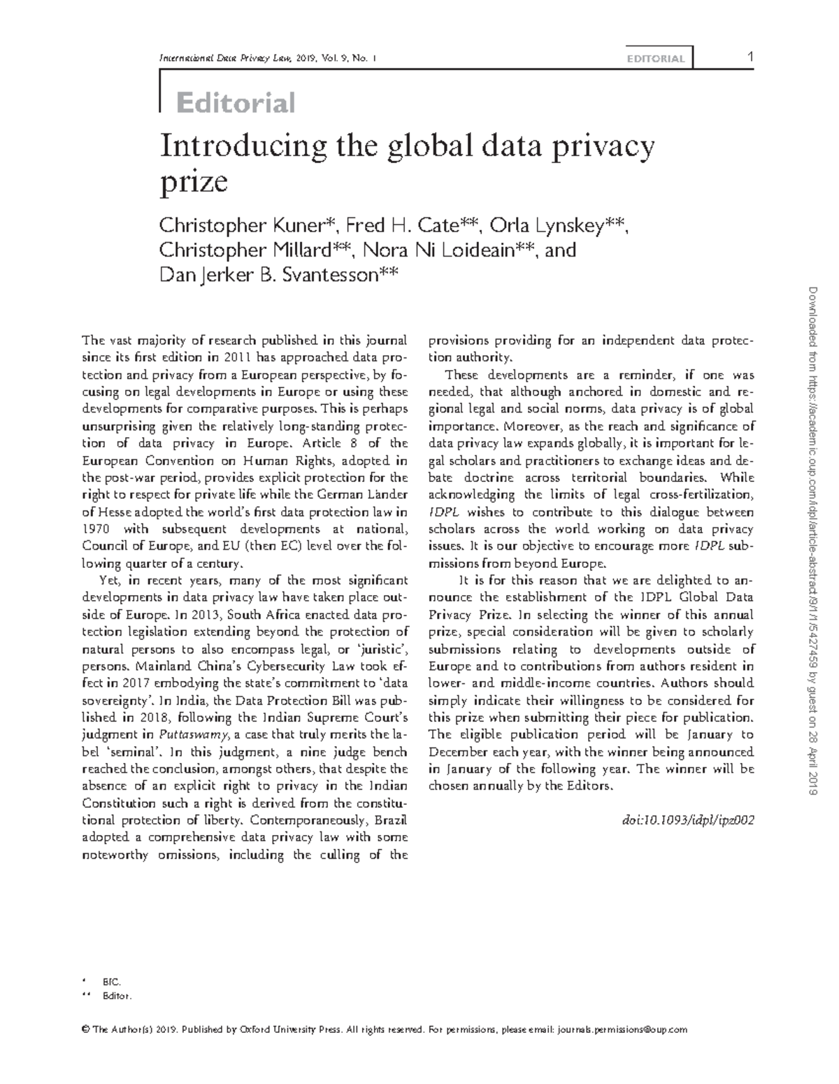 Idpl ipz002 - law - Editorial Introducing the global data privacy prize ...