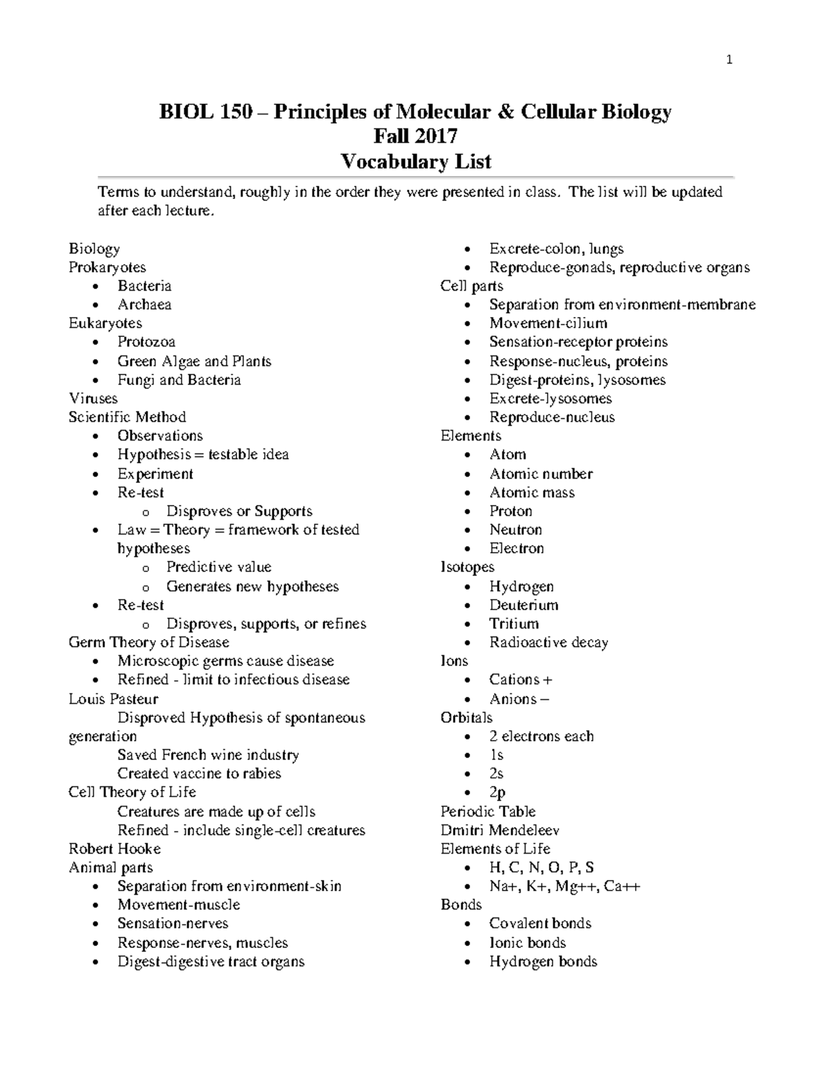 BIO 150 Vocabulary List Fall 2017 (24) - BIOL 150 – Principles of ...