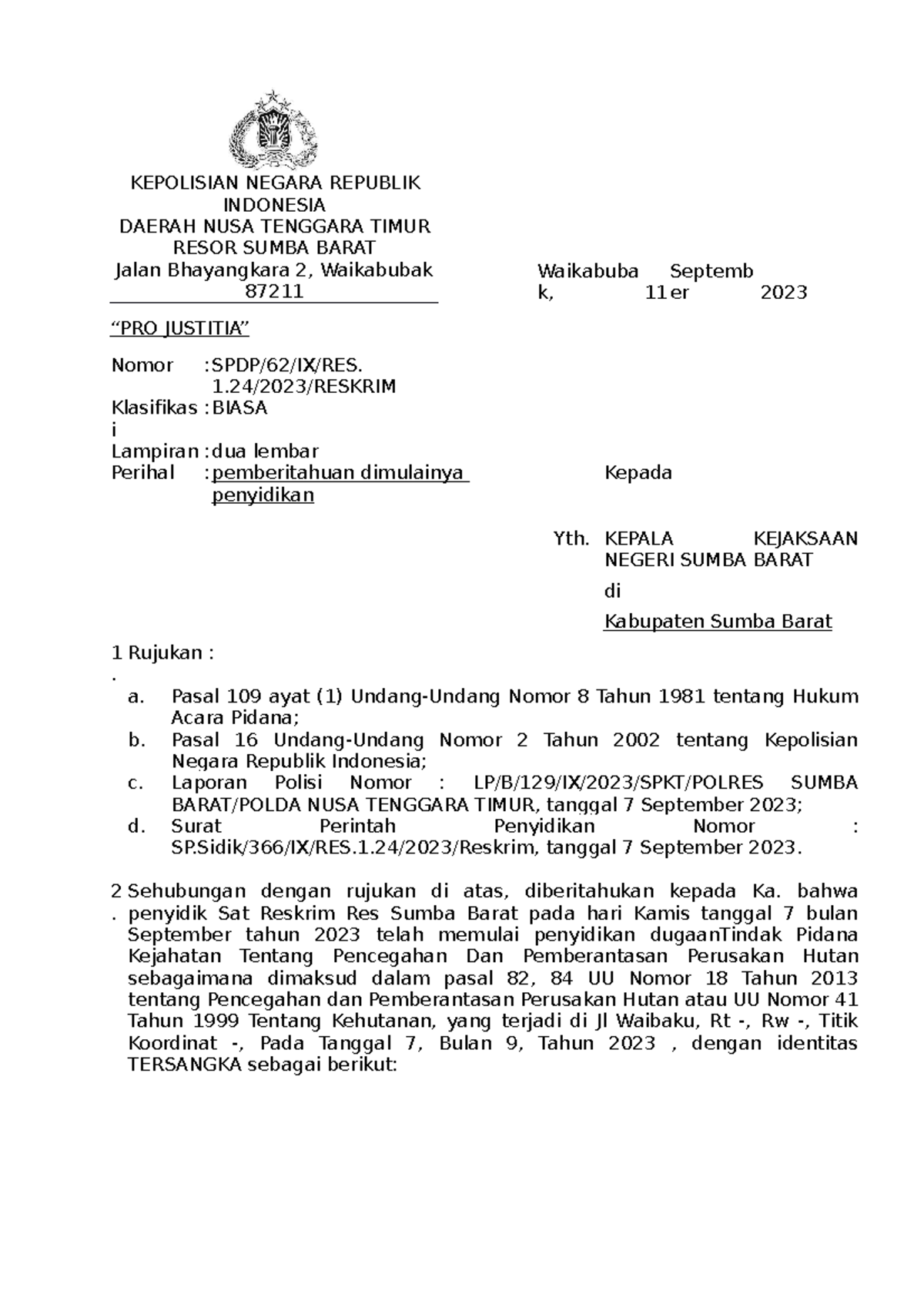 SPDP Barkot - cONTOH spdp - KEPOLISIAN NEGARA REPUBLIK INDONESIA DAERAH ...