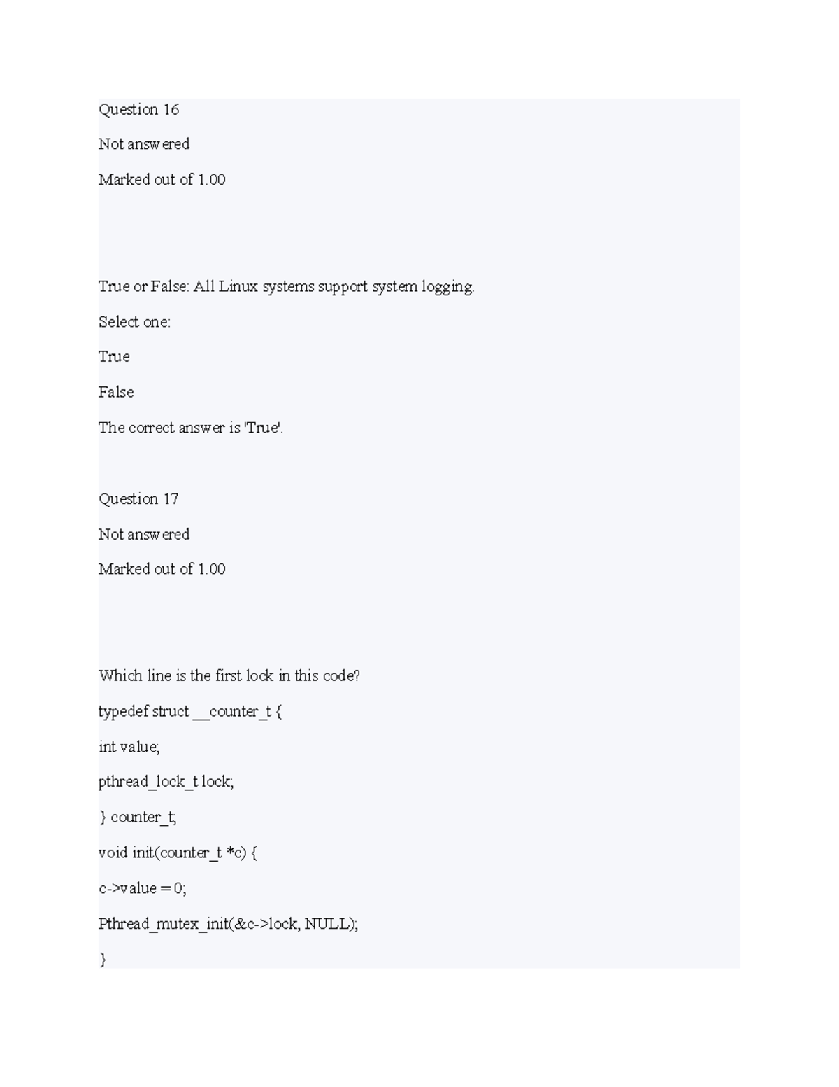 CS3307 Quiz 107 - Question 16 Not answered Marked out of 1. True or ...