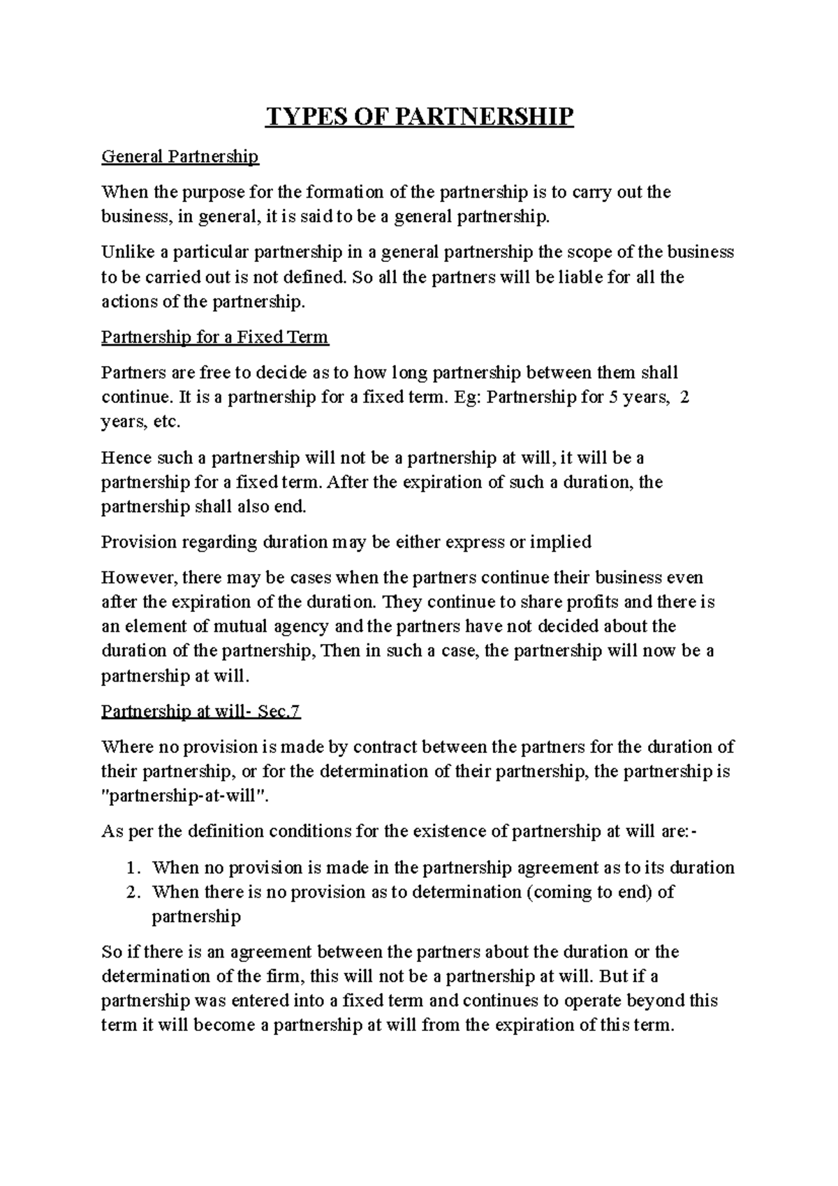 Types of partnership - Lecture notes on law of contract - TYPES OF ...