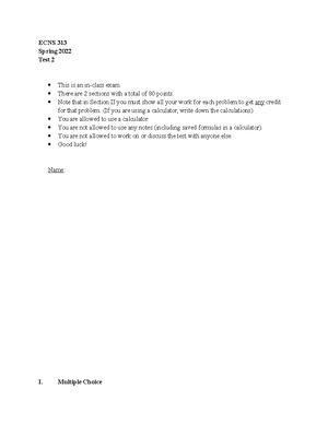 Test 1 2020 - test 1 - ECNS 313 Fall 2020 Take Home Test 1 This is a ...