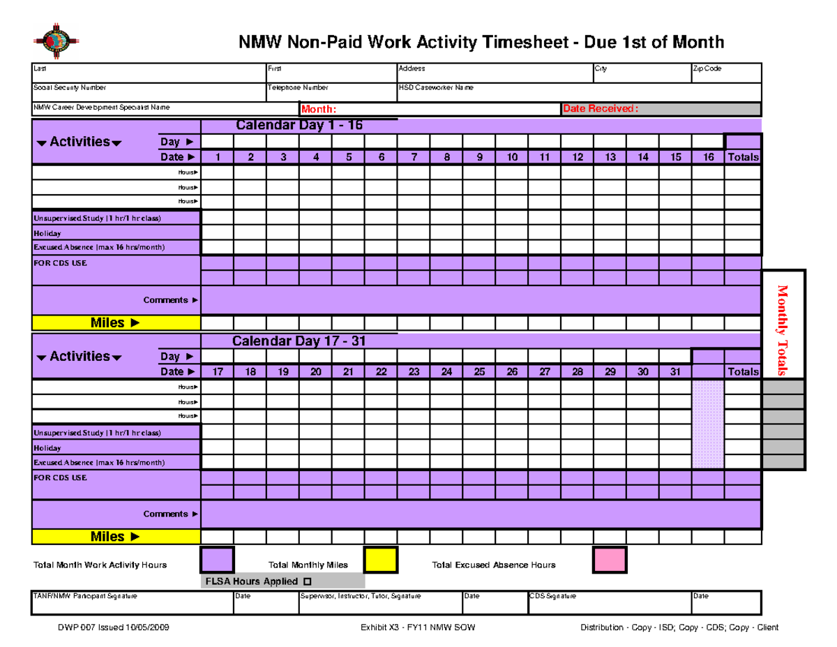 Blank Non-Paid-Work-Activity-TImesheet-English - Day Date 1 2 3 4 5 6 7 ...