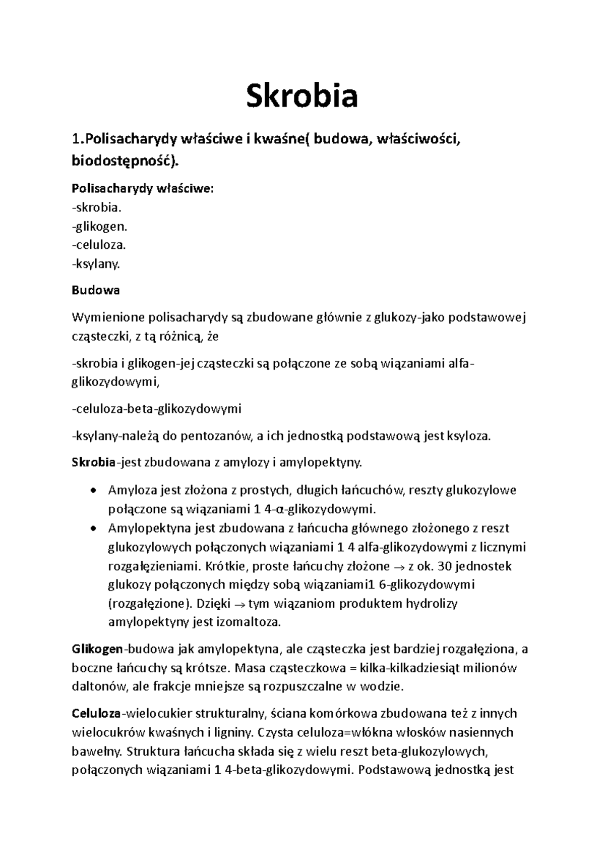 Skrobia - ĆWICZENIA - Skrobia 1 właściwe i kwaśne( budowa, właściwości ...