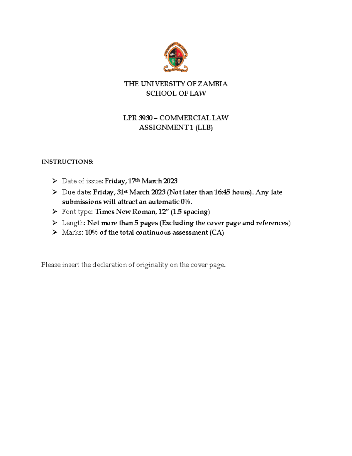 LPR 3930 Assignment-1 - Assignment - THE UNIVERSITY OF ZAMBIA SCHOOL OF ...