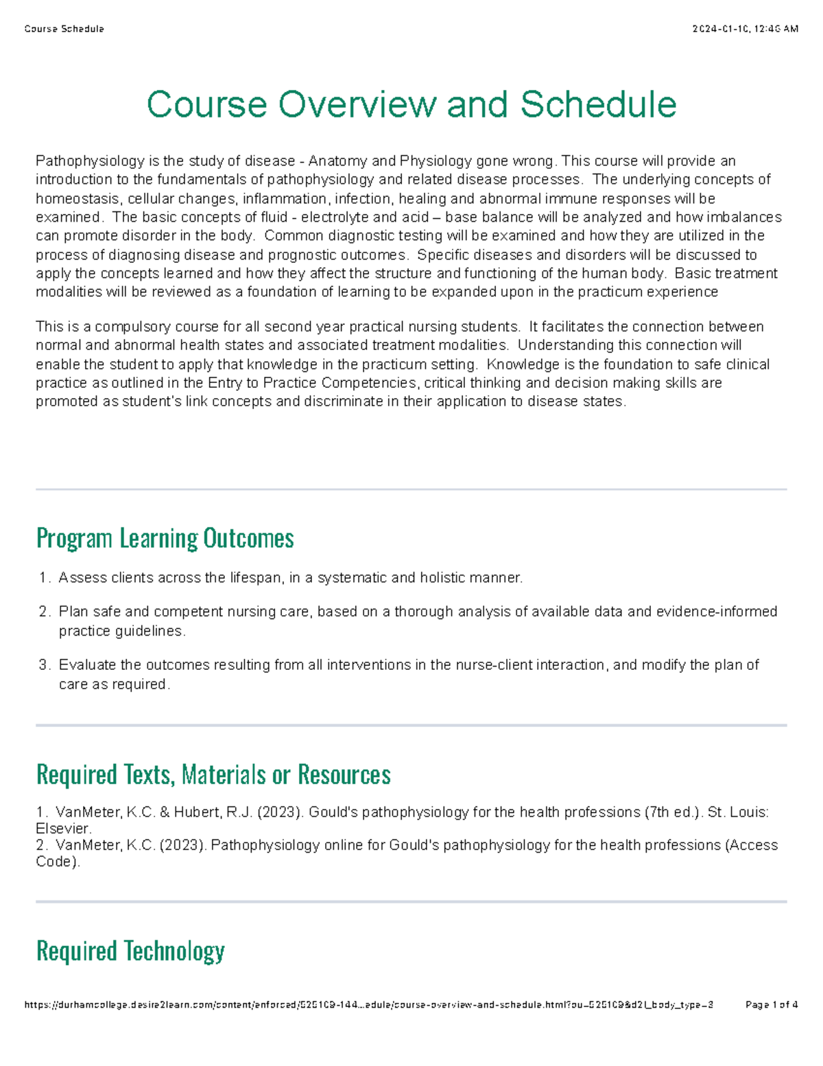 Patho scedule - notes - Course Overview and Schedule Pathophysiology is ...