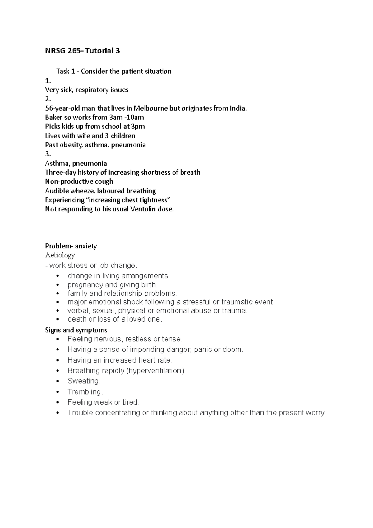 Medical tutorial 3 - NRSG 265- Tutorial 3 Task 1 - Consider the patient ...