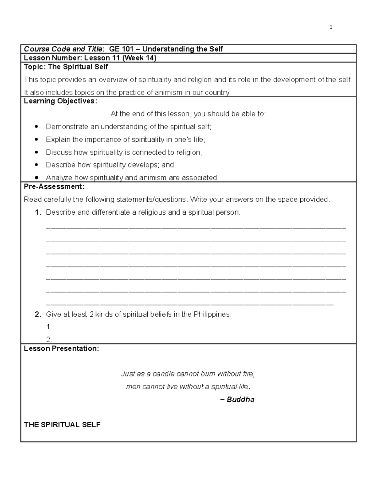 M11-UTS Spiritual-Self - Course Code and Title: GE 101 – Understanding ...