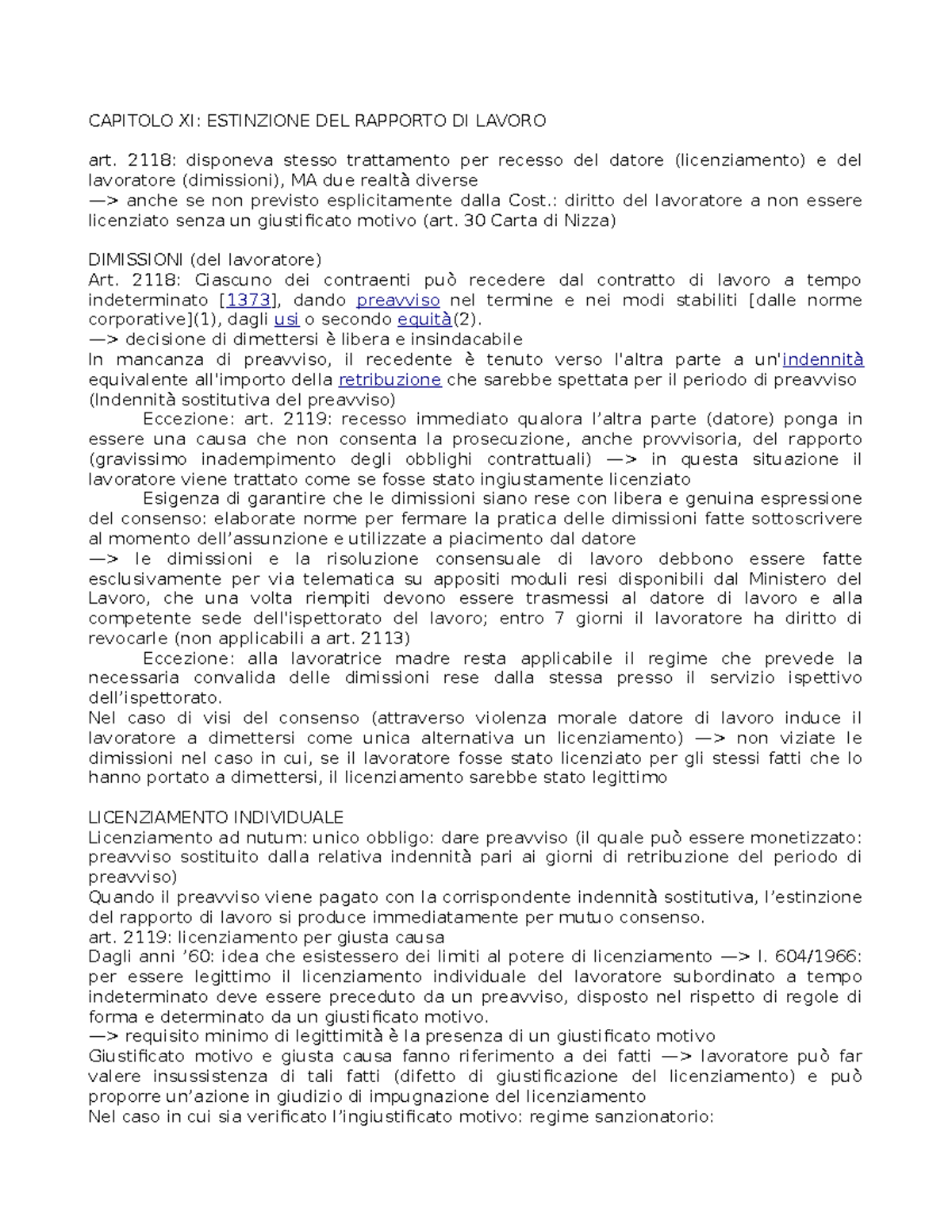 CAPITOLO XI: ESTINZIONE DEL RAPPORTO DI LAVORO - 2118: disponeva stesso ...