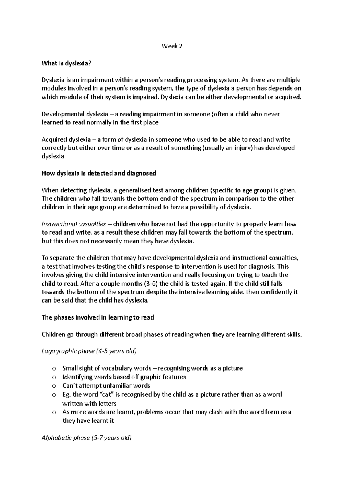 Dyslexia - COGS1010 week summary - Week 2 What is dyslexia? Dyslexia is an impairment within a ...