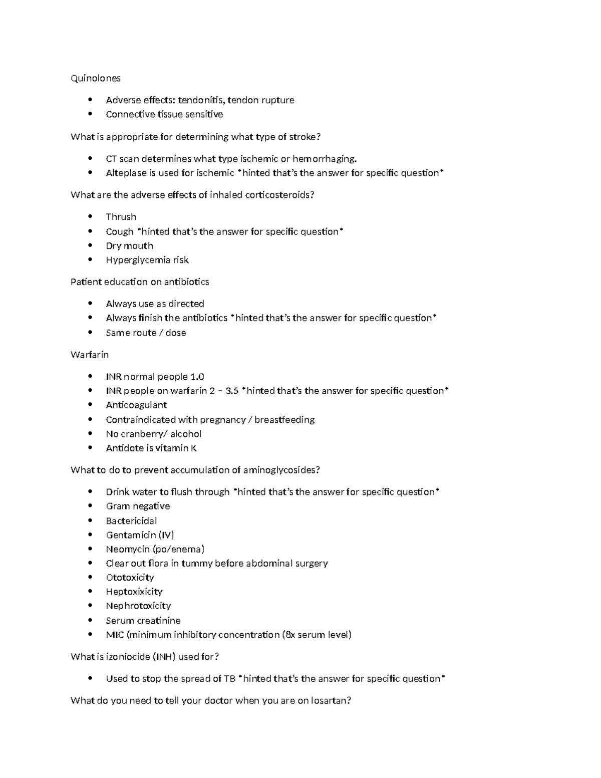 Pharm test 2 review - Quinolones Adverse effects: tendonitis, tendon ...