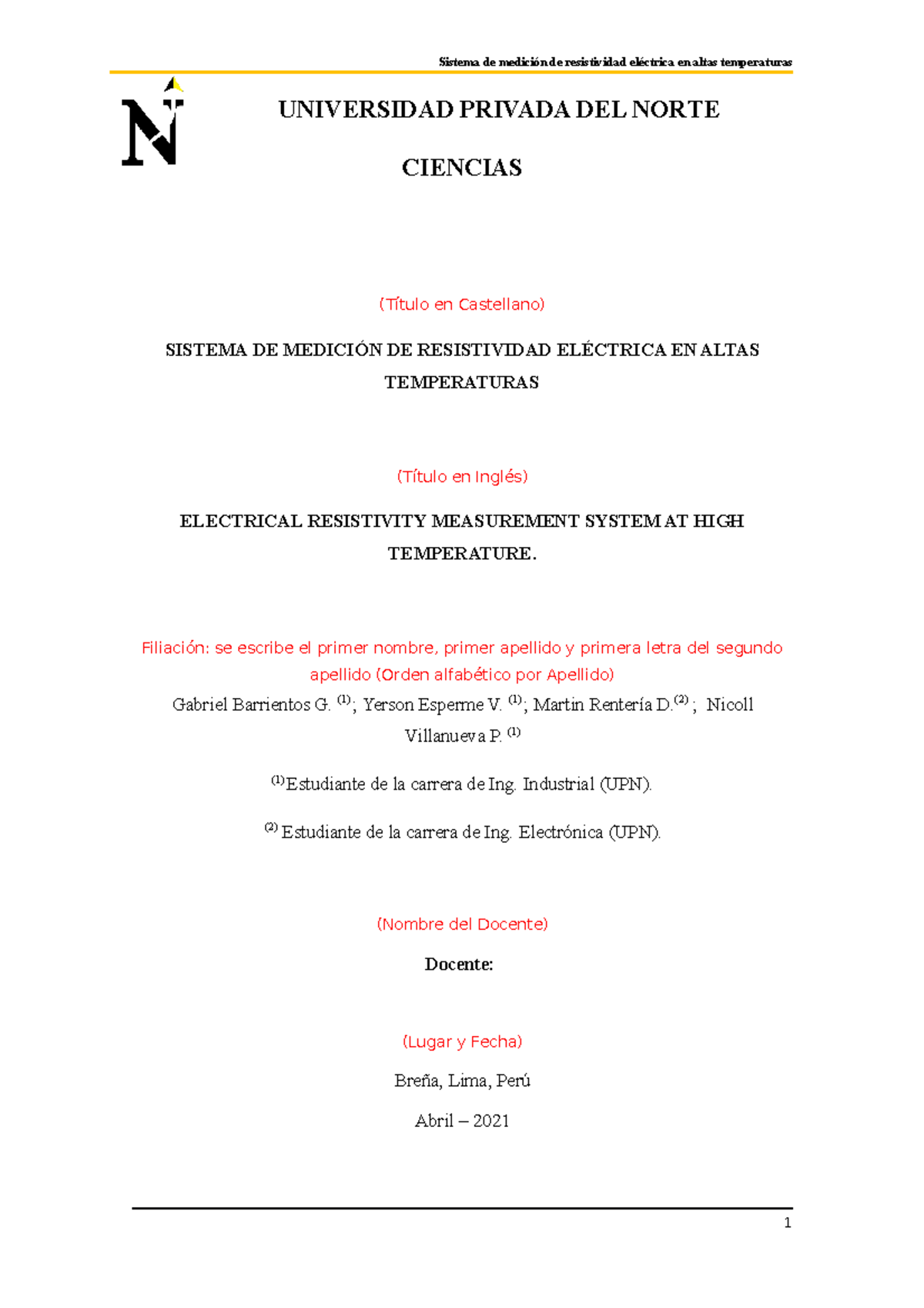 Modelo DE Informe Proyecto - UNIVERSIDAD PRIVADA DEL NORTE CIENCIAS ...