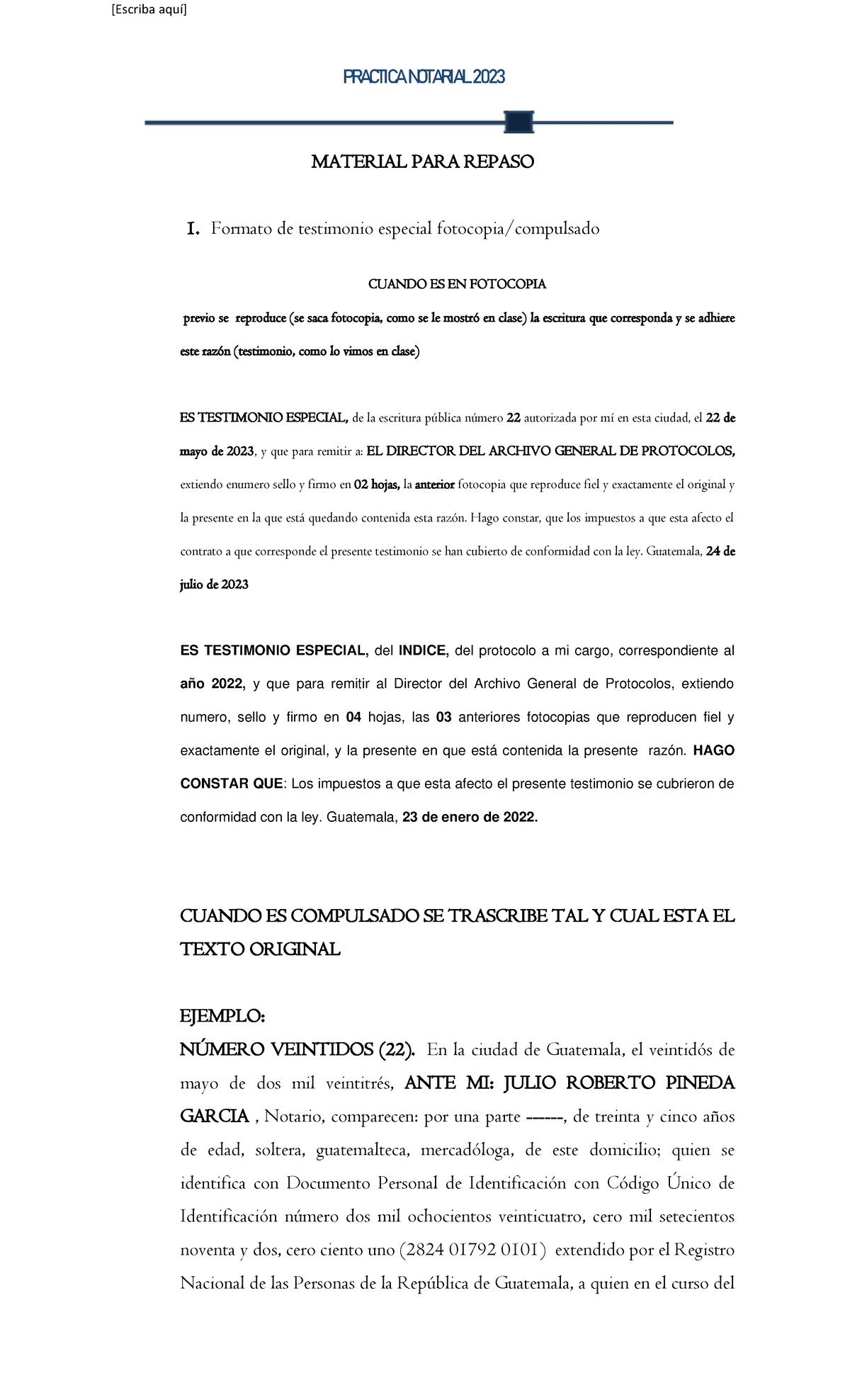 Presentacion Practica Notarial 2024 - PRACTICA NOTARIAL 2023 MATERIAL PARA REPASO Formato de ...