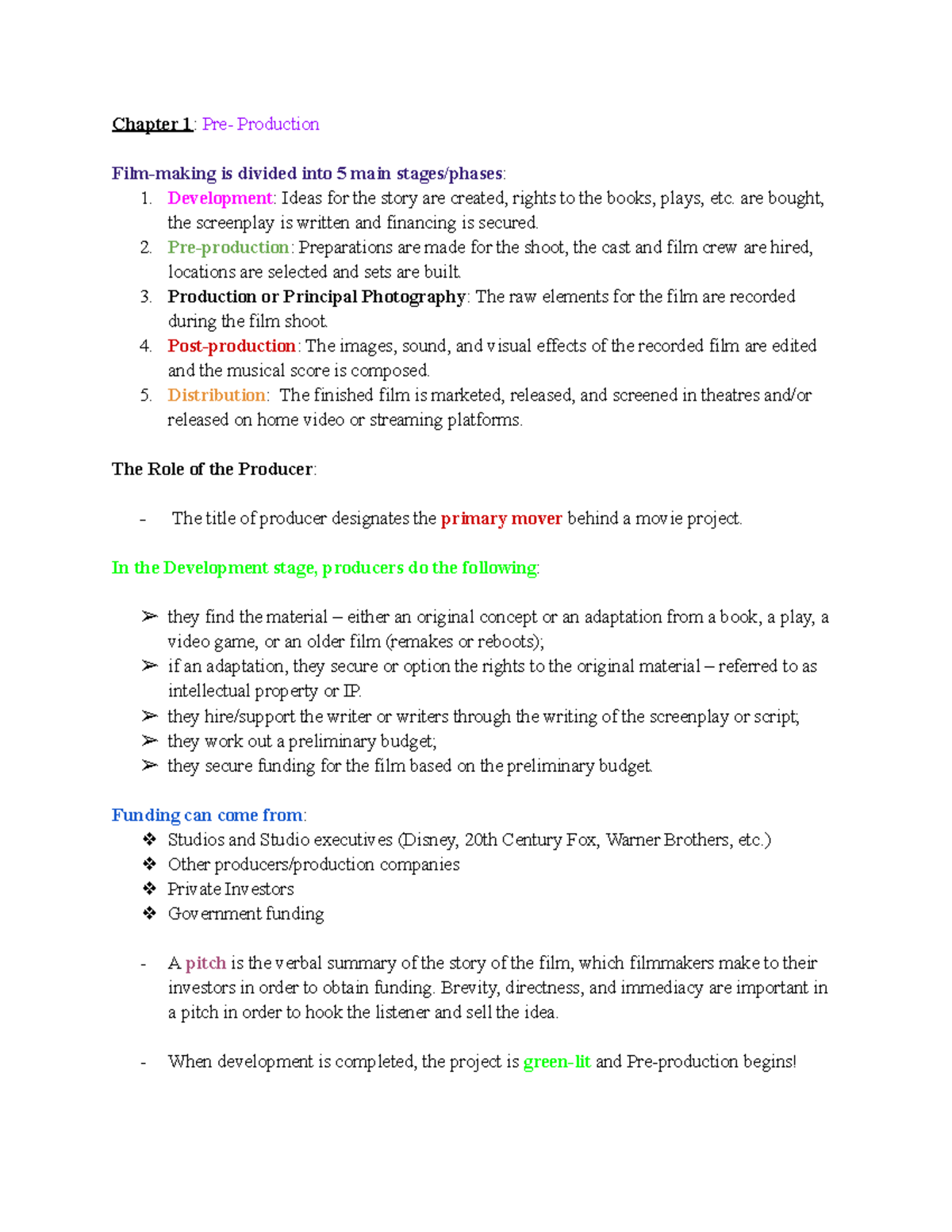 Film 101 Study Guide - practice - Chapter 1: Pre- Production Film ...