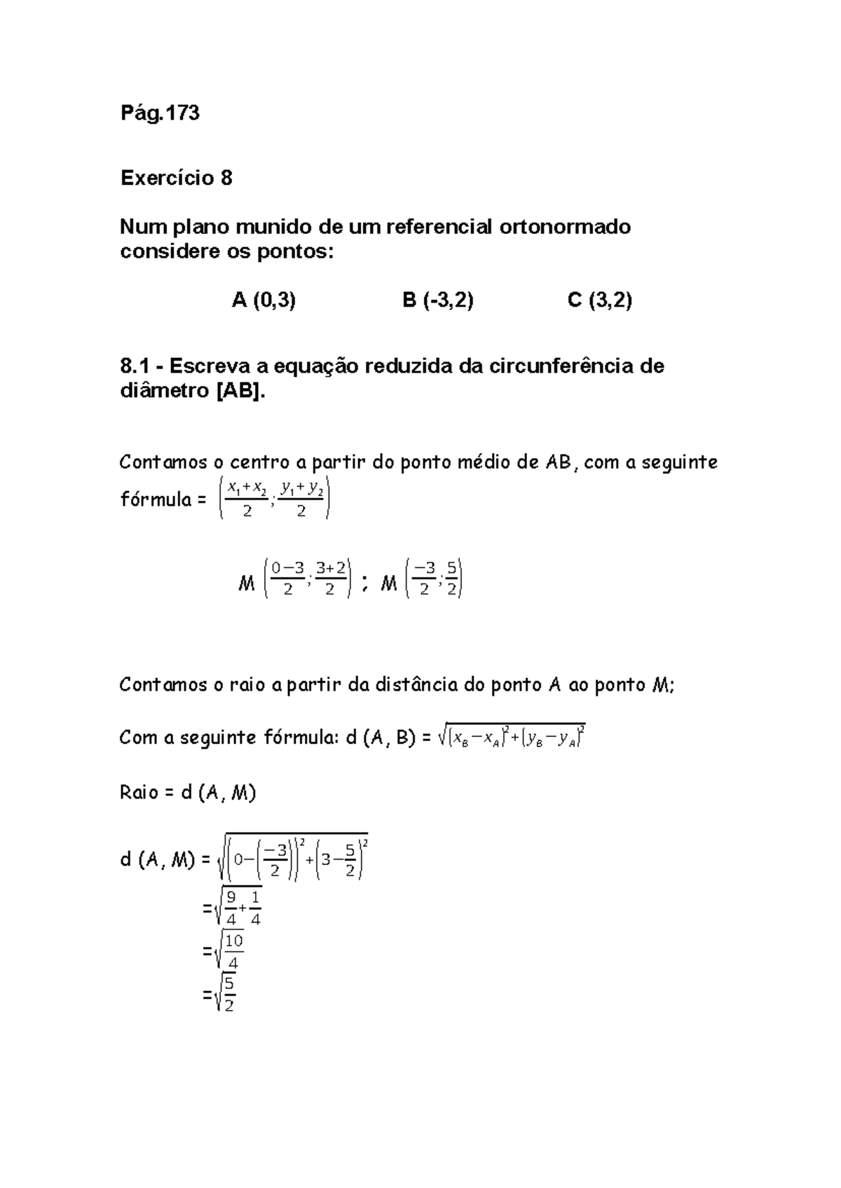 Trabalho Individual - Matemática - Pág. Exercício 8 Num plano munido de ...