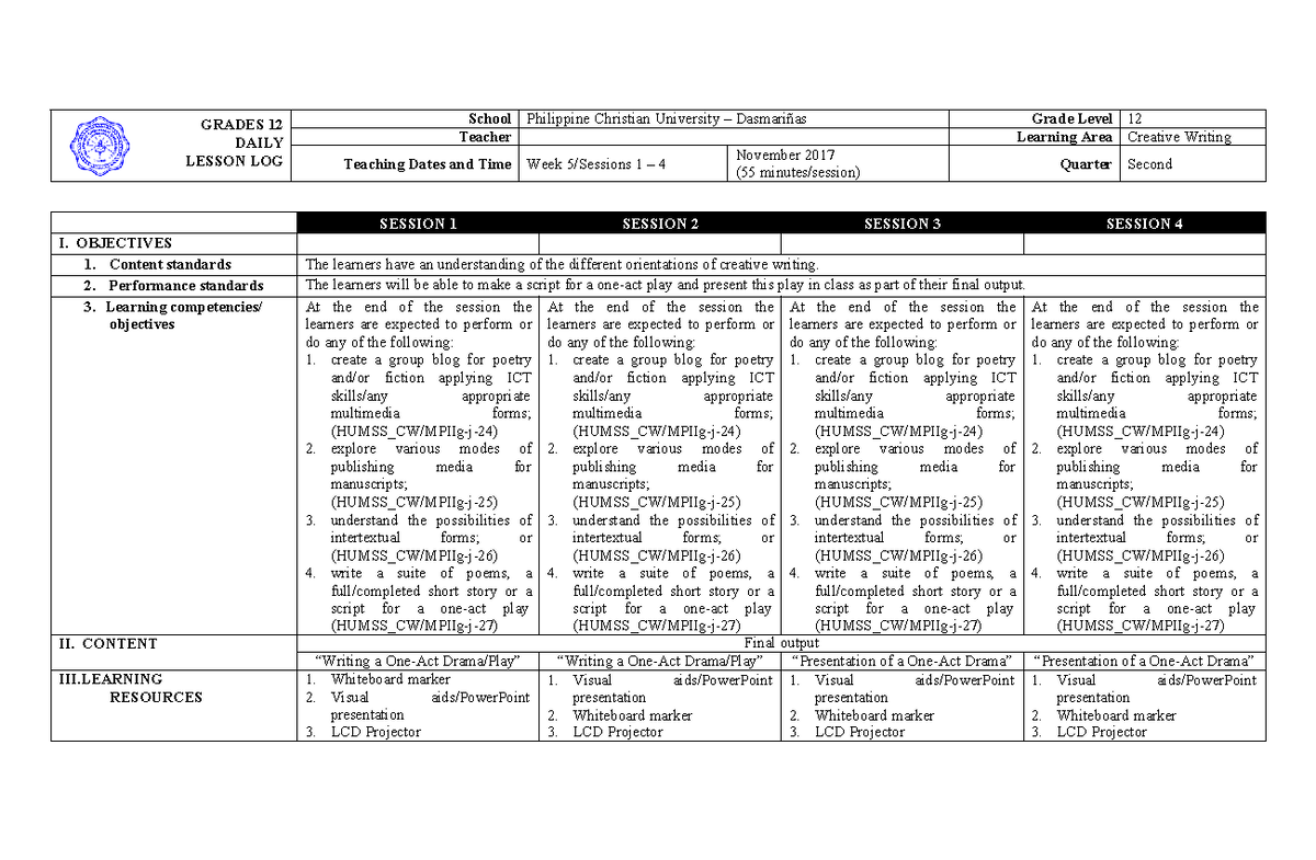Week-5-dll-creative-writing-2nd-quarter - GRADES 12 DAILY LESSON LOG ...