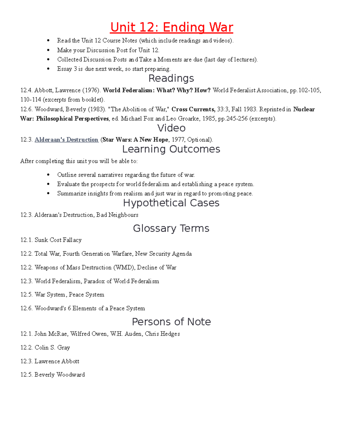 Unit 12 Ending War - lecture notes - Unit 12: Ending War Read the Unit ...
