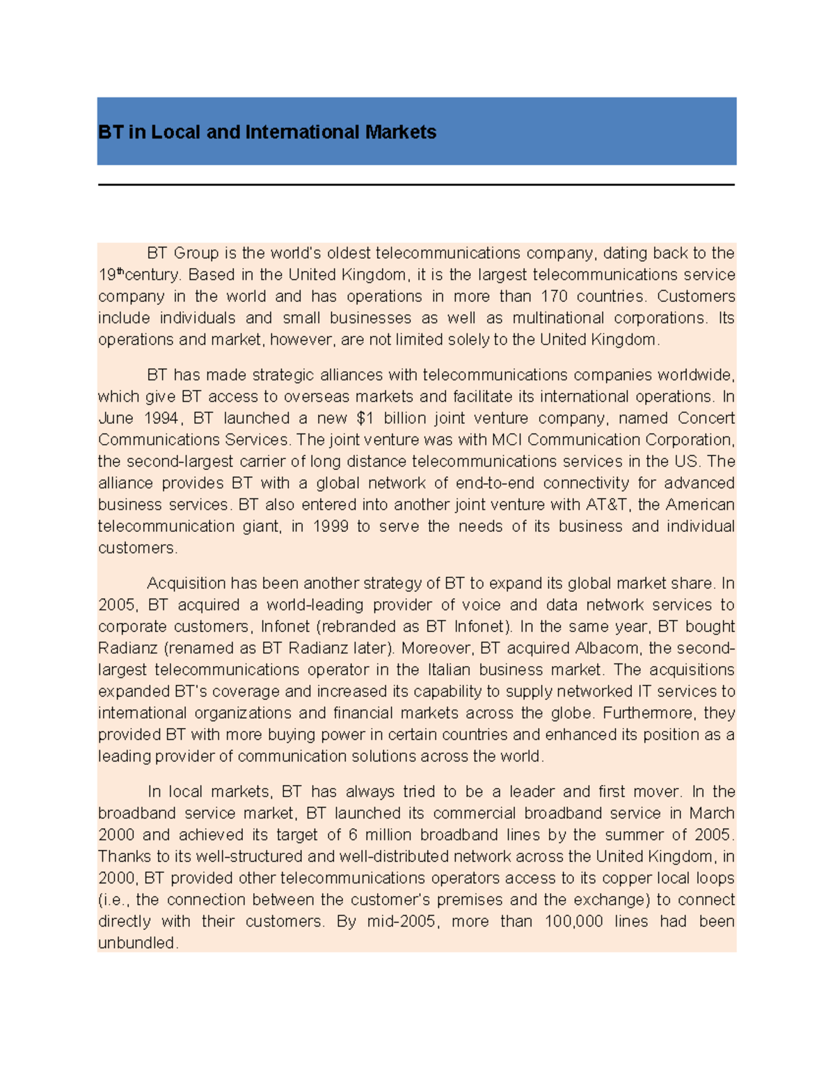 CASE Study BT in Local and International Markets - BT in Local and ...
