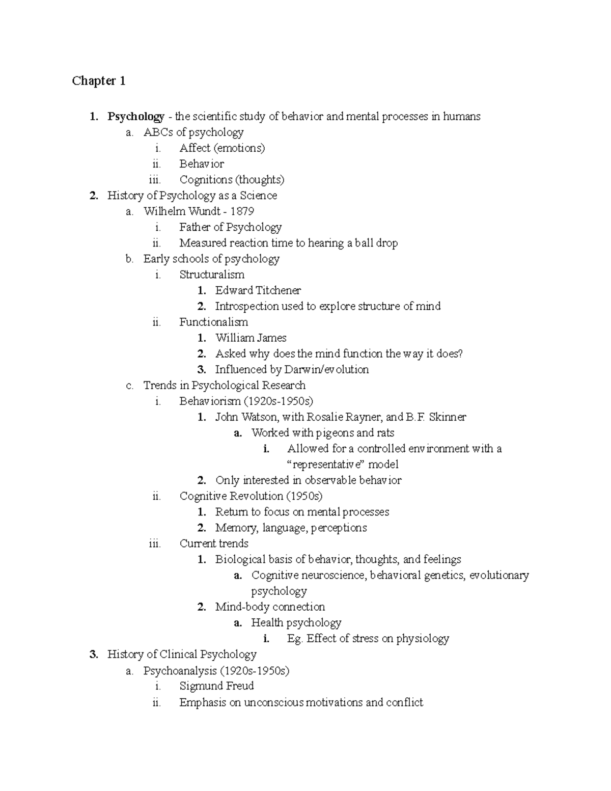 Chapter 1 - Ch 1 notes - Chapter 1 1. Psychology - the scientific study ...