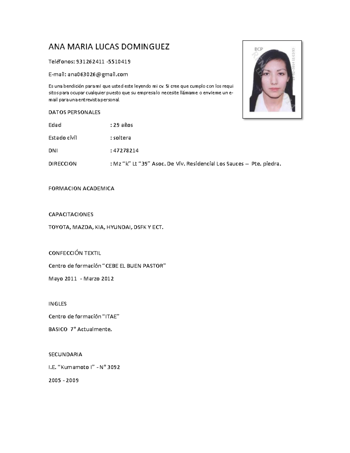 Cv-Ana Lucas 2021nov - ANA MARIA LUCAS DOMINGUEZ Teléfonos: 931262411 ...