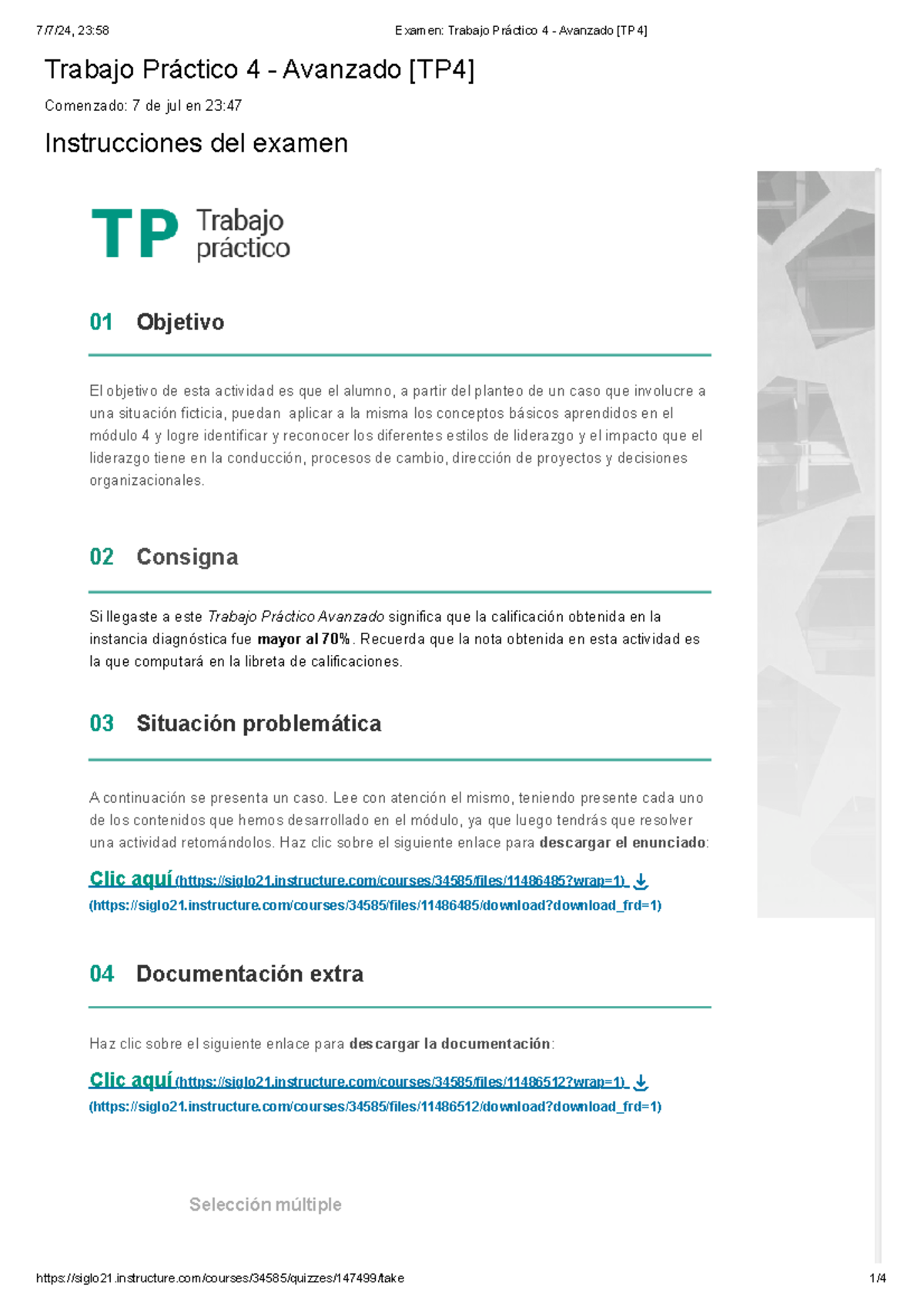 Examen Trabajo Práctico 4 - Avanzado [TP4] - Trabajo Práctico 4 - Avanzado [TP4] Comenzado: 7 de ...