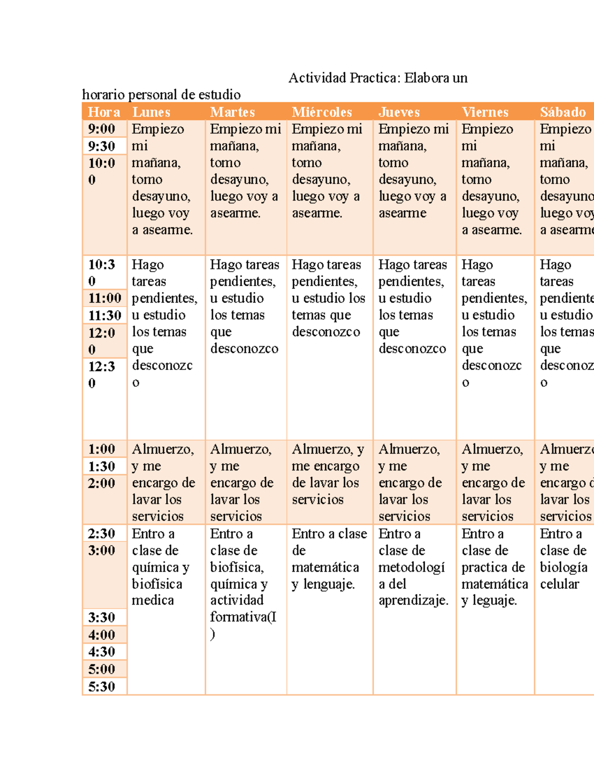 Mi horario metodología del aprendizaje - Actividad Practica: Elabora un ...