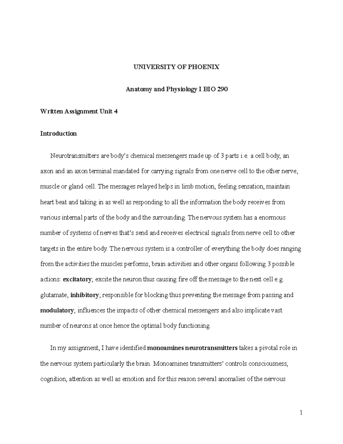 Anatomy And Physiology I BIO 290 Written Assignment Unit 4 - UNIVERSITY ...