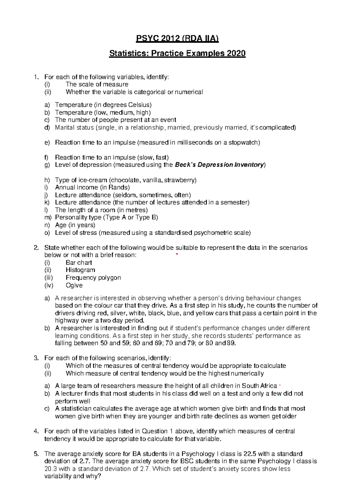 Practice Examples - Lectures 1 to 8 - PSYC 2012 (RDA IIA) Statistics ...