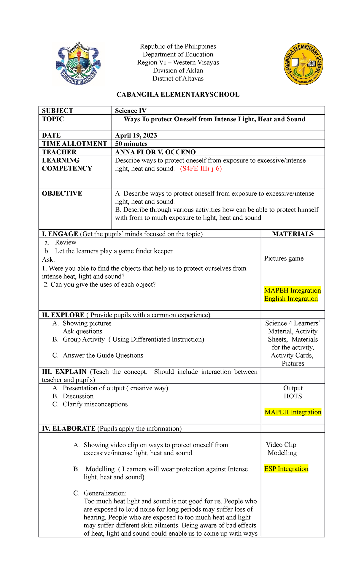 COT DLP Science 4 - Republic of the Philippines Department of Education ...