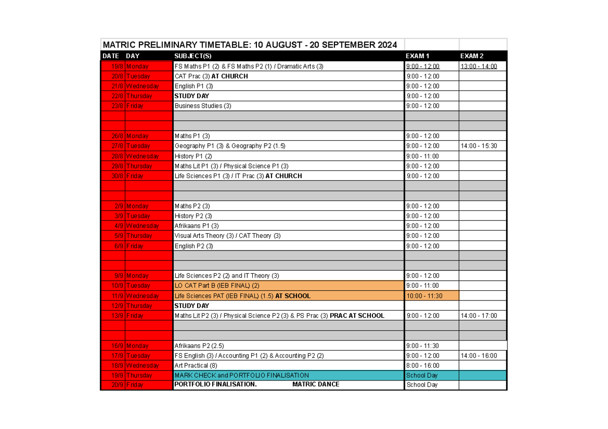 Prelim Exam Time Table 2024 - 19/8 Monday FS Maths P1 (2) & FS Maths P2 ...