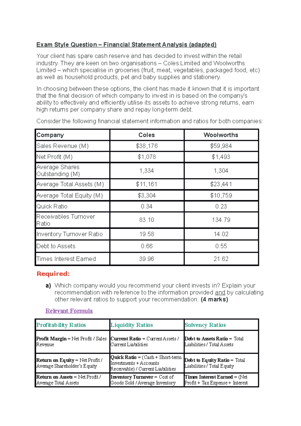 W5 exam style q - Exam Style Question – Financial Statement Analysis ...