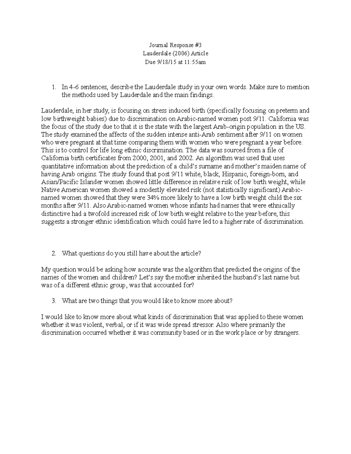 Journal Response #3 - notes - Journal Response Lauderdale (2006 ...