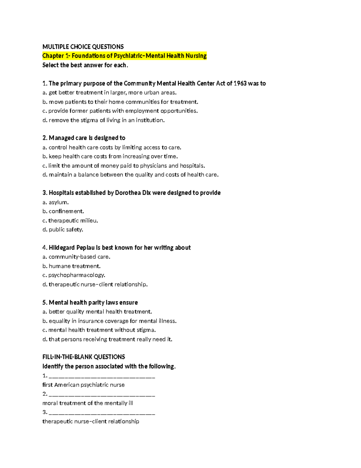 Mental Health Book Review- Test 1 - MULTIPLE CHOICE QUESTIONS Chapter 1 ...