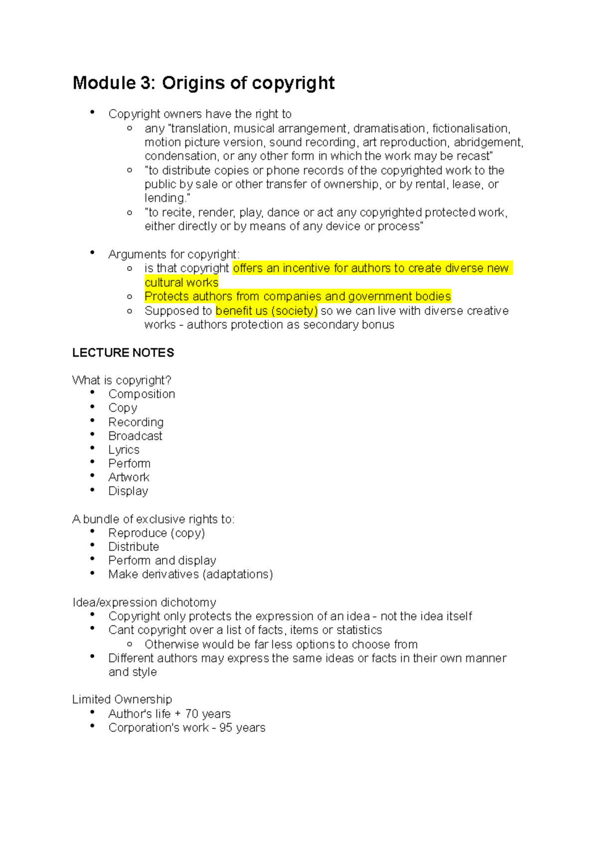 Module 3 - Module 3: Origins of copyright Copyright owners have the ...