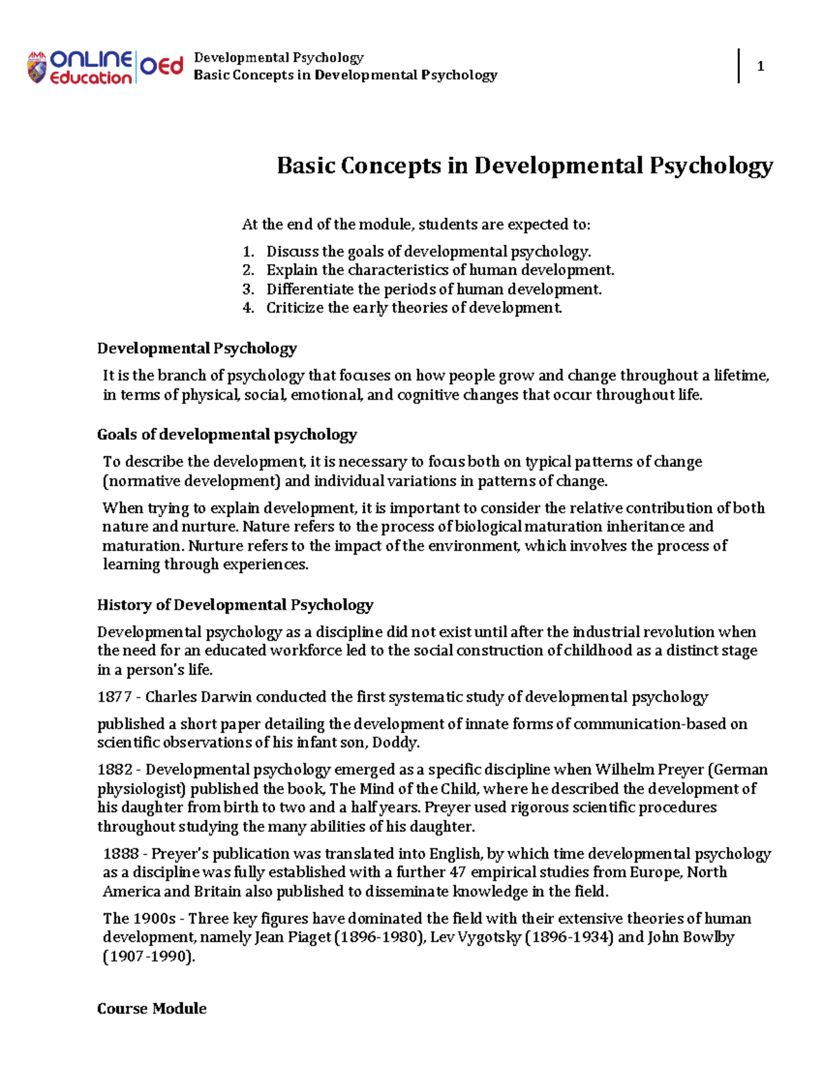 EDUC6320 MOD1 - Lecture notes 1 - Developmental Psychology Basic ...