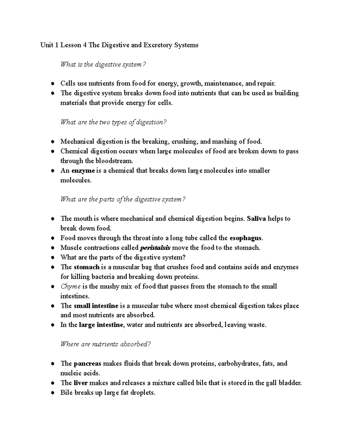Repaso - Unit 1 Lesson 4 The Digestive and Excretory Systems What is ...
