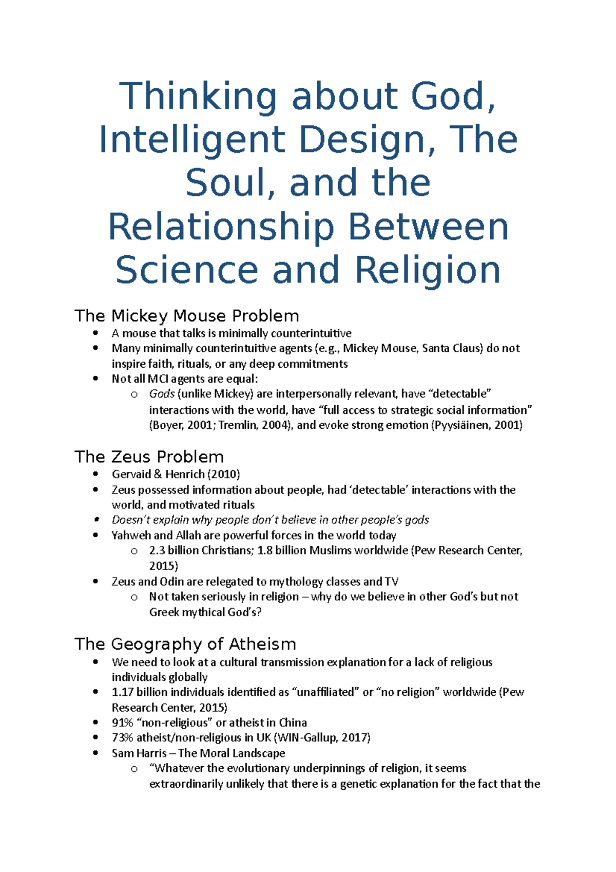 Thinking about God - Lecture notes 2 - Thinking about God, Intelligent ...