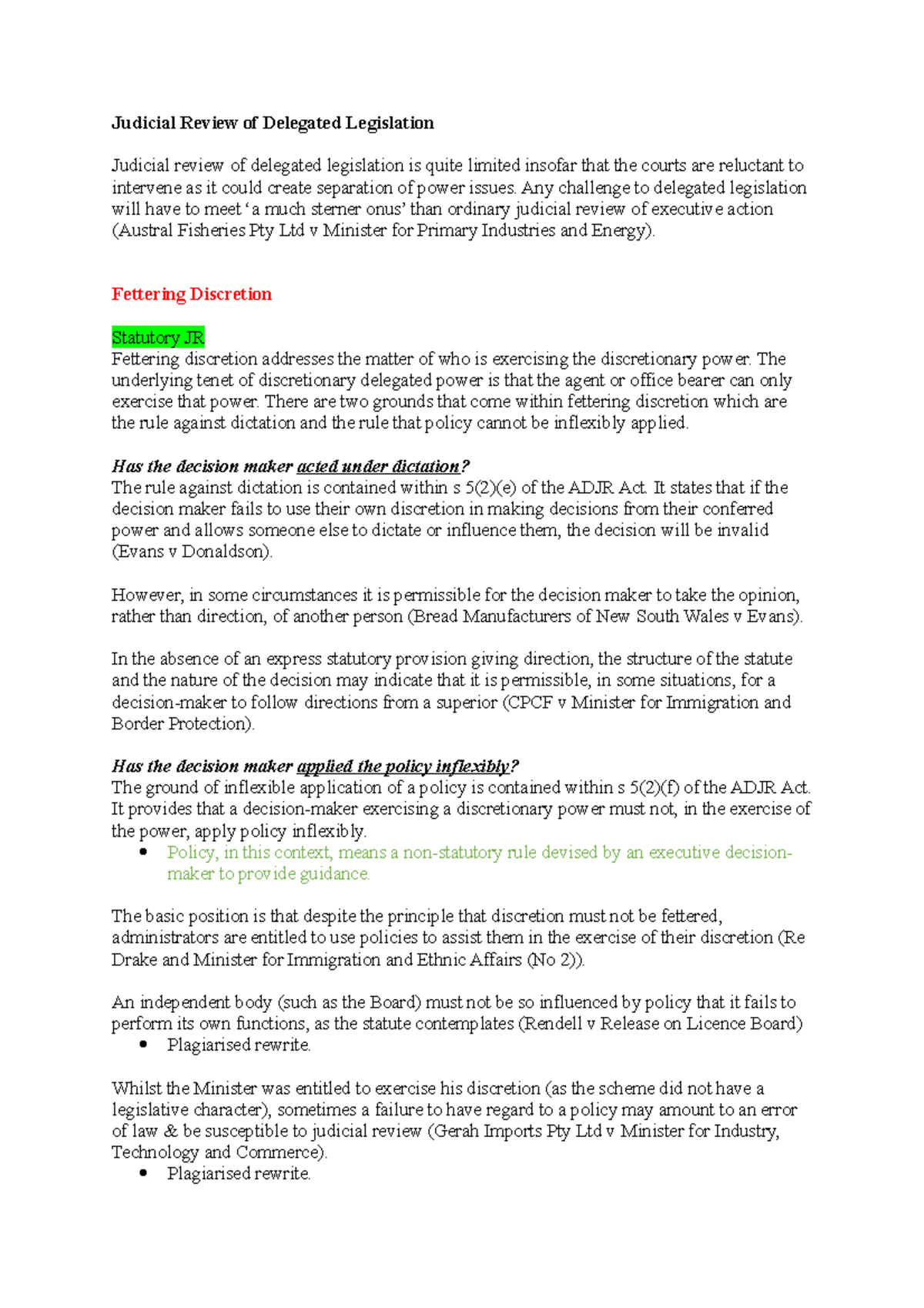 Fettering Discretion - .., - Judicial Review of Delegated Legislation ...