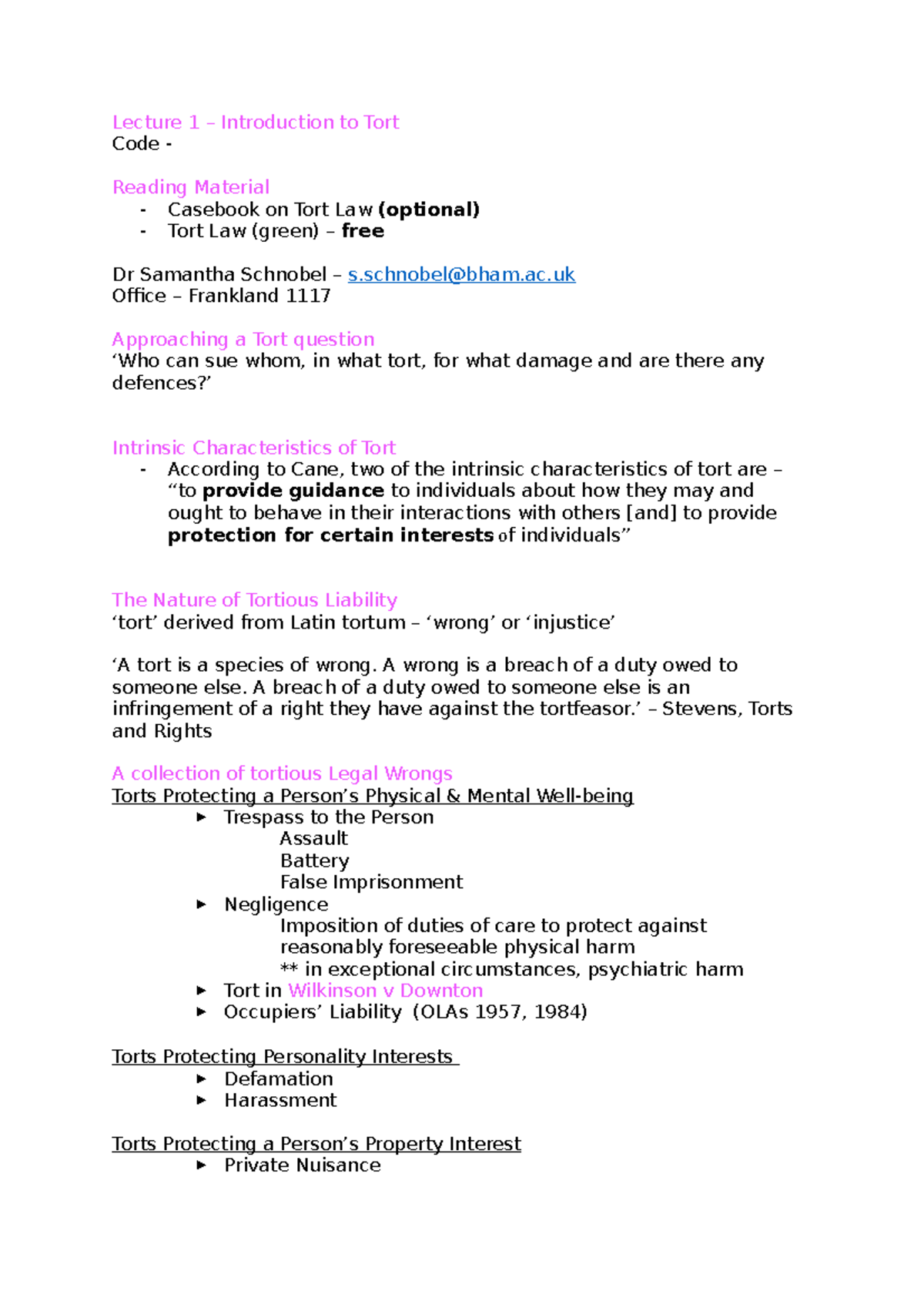 Introduction to Tort - UOB - Lecture 1 – Introduction to Tort Code ...