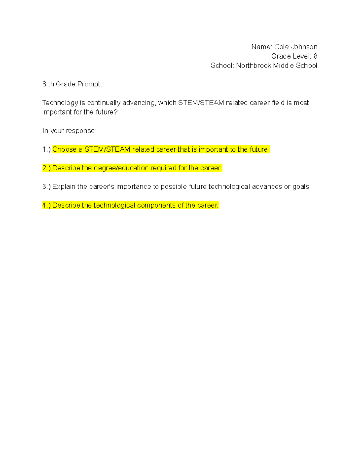 Nordson STEM Essay - Name: Cole Johnson Grade Level: 8 School ...