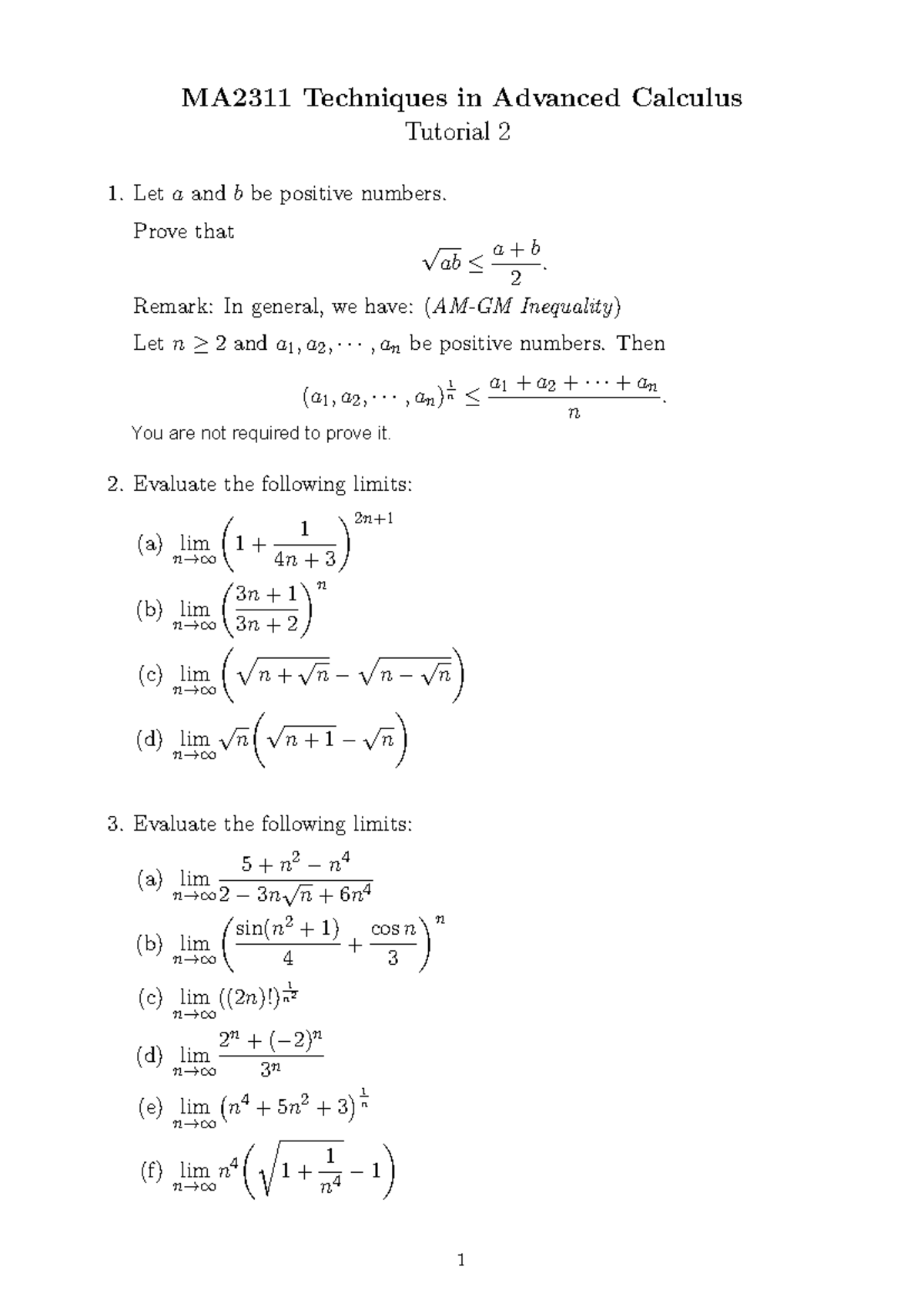 Tutorial 2 - MA2311 Techniques in Advanced Calculus Tutorial 2 Let a ...