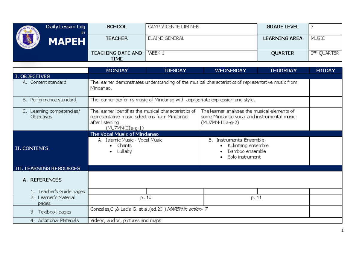 DLL Mapeh 7 3rd Quarter DAILY LESSON LOG FOR DEPED MONDAY TUESDAY
